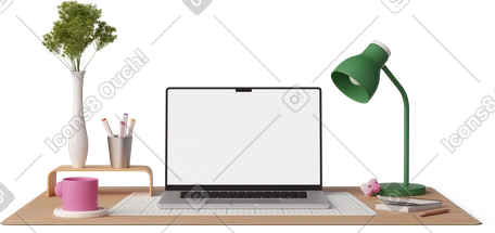 3D front view of laptop mockup on office desk PNG, SVG
