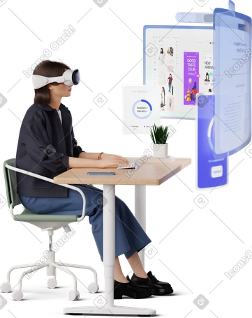 3D young woman working in vr headset PNG, SVG