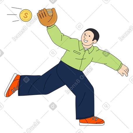 Young man catching cashback with baseball glove PNG, SVG