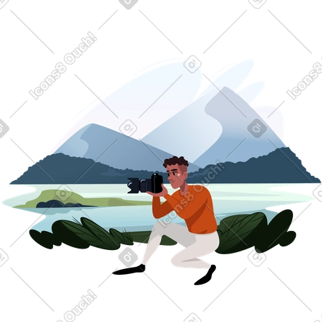 Photographer in the mountains catches a shot animated illustration in ...