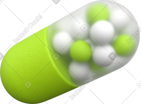 3D 3D green capsule pill with granules, pharmaceutical medicine icon ...