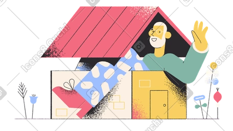Um homem acenando para fora de uma casa com telhado rosa PNG, SVG