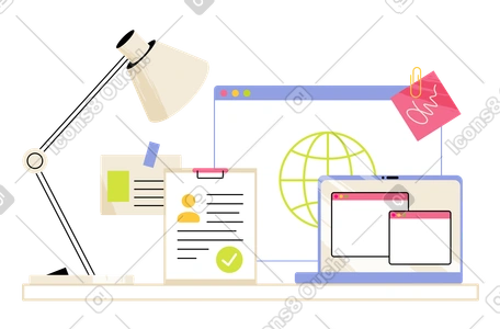 Hr manager's desk with laptop and cv PNG, SVG