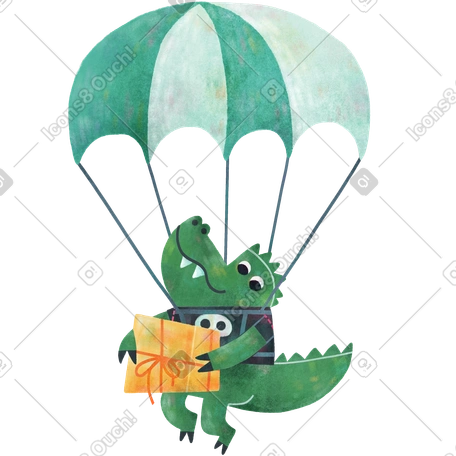 Alligator with cardboard box and parachute delivering goods ...
