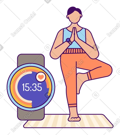 Woman with smartwatches standing on mat in tree pose animated ...