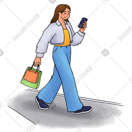 Young woman walking and using her smartphone PNG, SVG