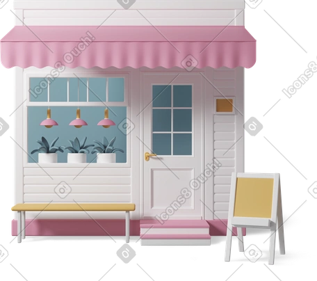 3D Shop facade with awning and chalkboard illustration in PNG, SVG