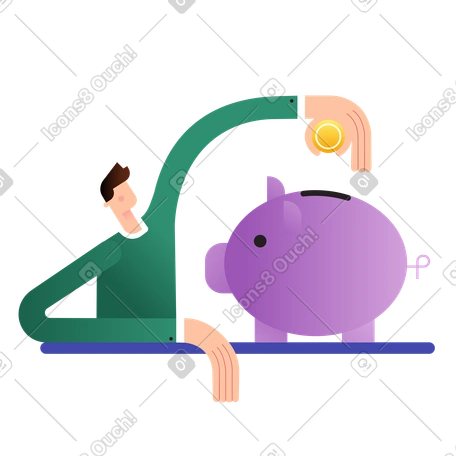 Man puts a coin in the piggy bank PNG, SVG