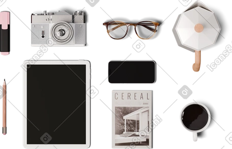 3D top view of blogger's things arranged in perfect order illustration ...