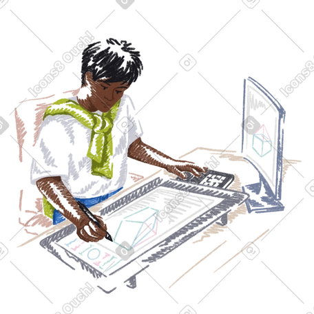 Male designer working on graphic tablet with screen animated ...