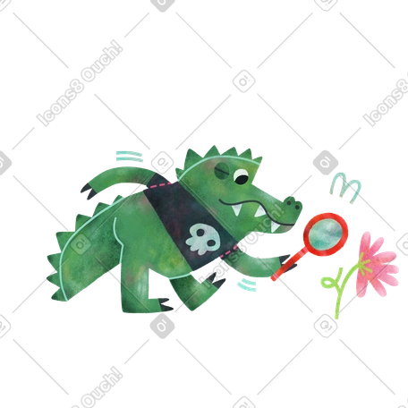 Alligator wearing tshirt and looking at flowers and searching something ...