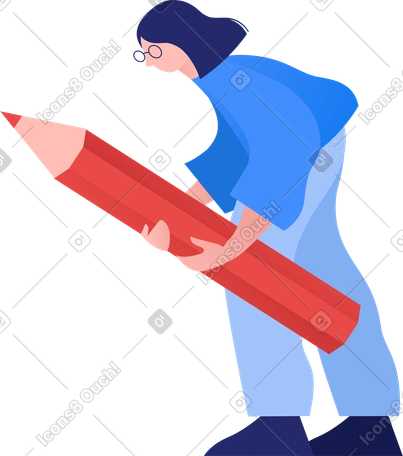 Girl holding a pencil and bending over illustration in PNG, SVG
