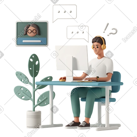 3D Boy studying remotely with tutor illustration in PNG, SVG