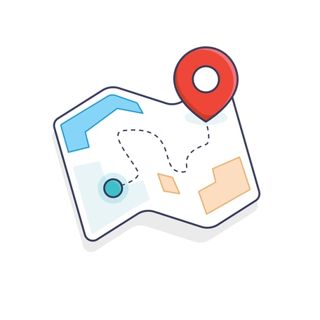 Folded map with route and location pin, geolocation and wayfinding ...