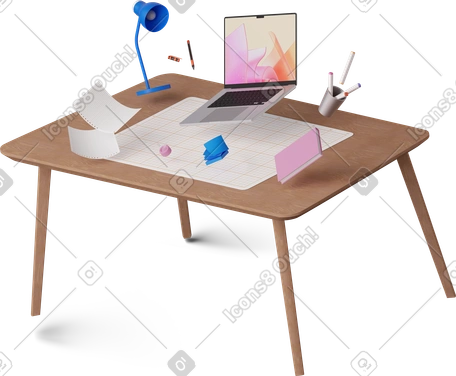 3D isometric view of levitating office desk with laptop and documents ...