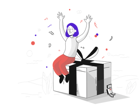 Иллюстрация Celebrating on big gift box with confetti, loyalty reward ...