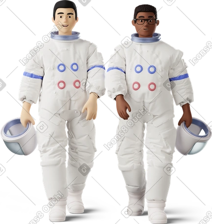 3D two astronauts walking illustration in PNG, SVG