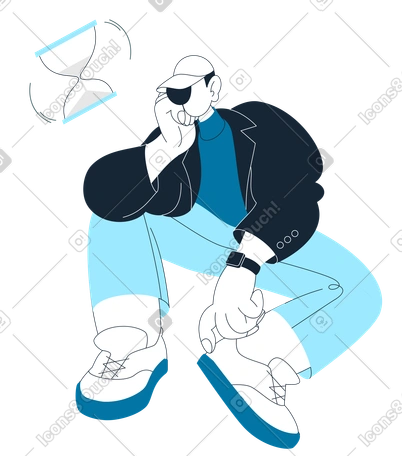 Man sitting and waiting with hourglass illustration in PNG, SVG