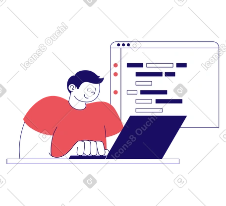Man developer writing programming code animated illustration in GIF, Lottie (JSON), AE